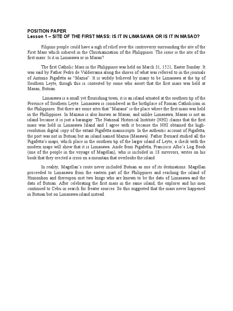 Position Paper Lesson 1 - Site of The First Mass: Is It in Limasawa or ...