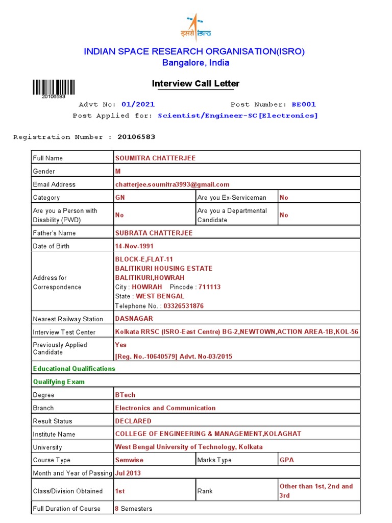 Isro Call Letter | PDF | Educational Stages | Educational Assessment ...