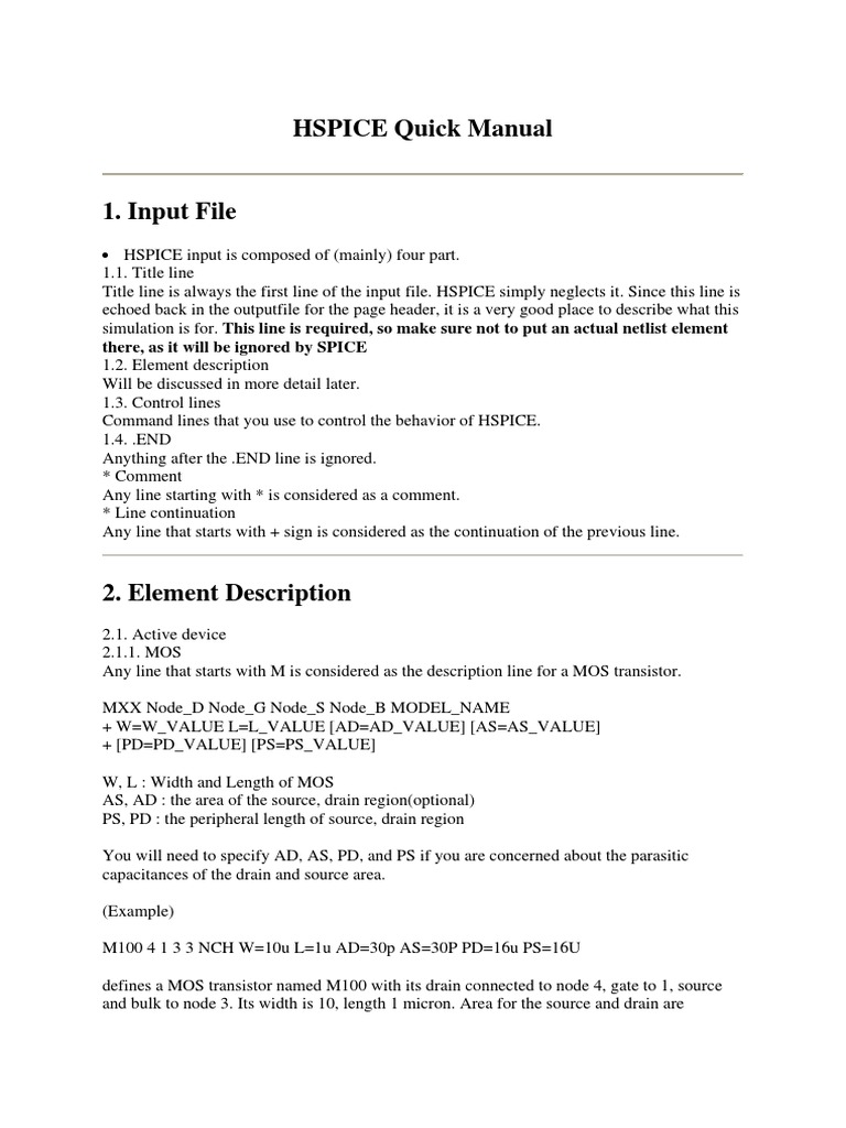 HSPICE Quick Manual | PDF | Spice | Mosfet