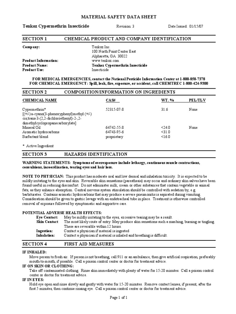 Material Safety Data Sheet Tenkoz Cypermethrin Insecticide Section 1 ...