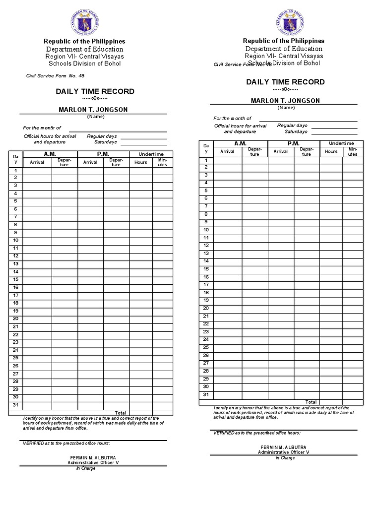 Daily Time Record Daily Time Record: Department of Education Department ...