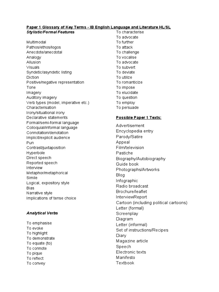 Paper 1 Glossary of Key Terms and Success Criteria - IB English ...