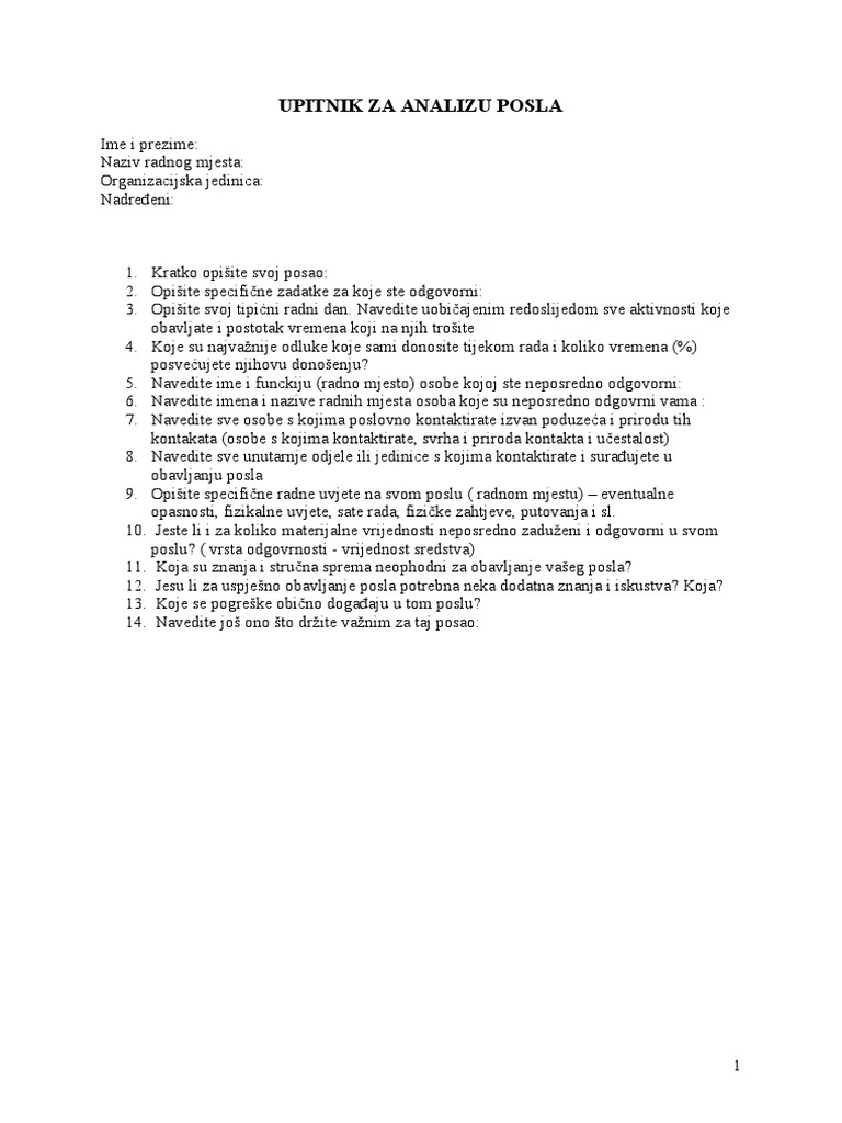 Upitnik Za Analizu Posla | PDF