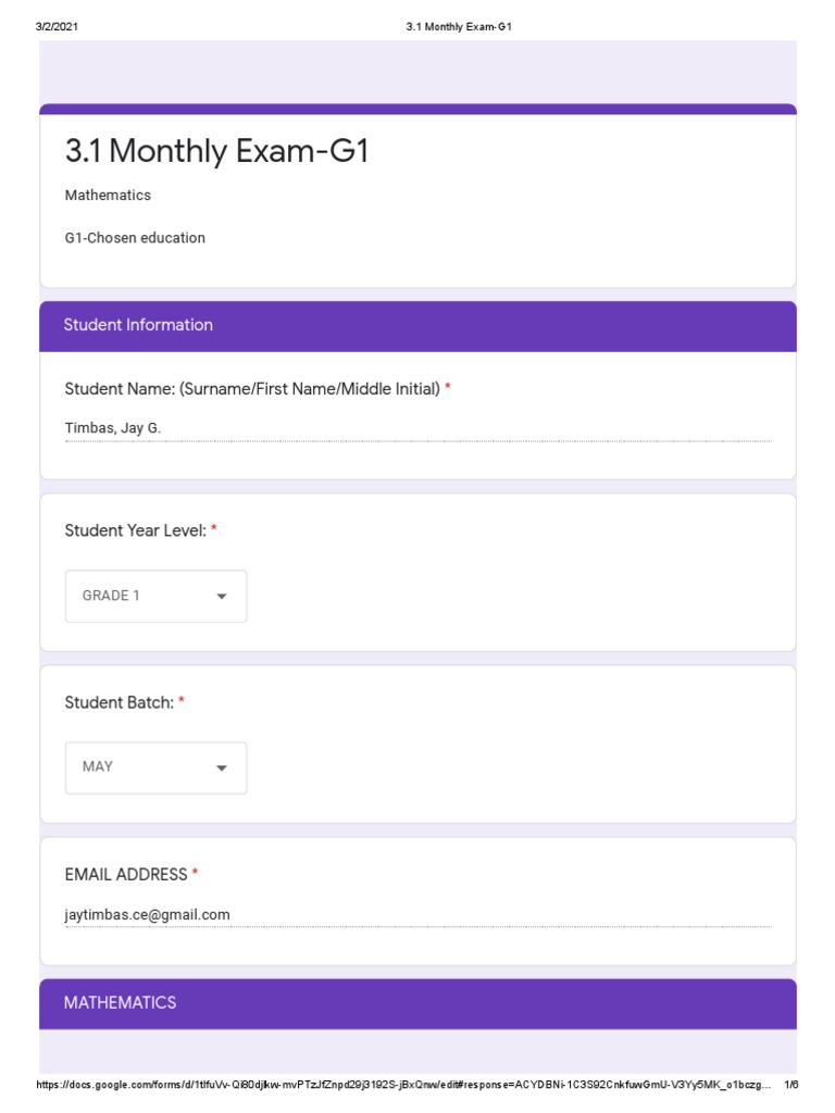 3.1 Monthly Exam G1-Mathematics | PDF