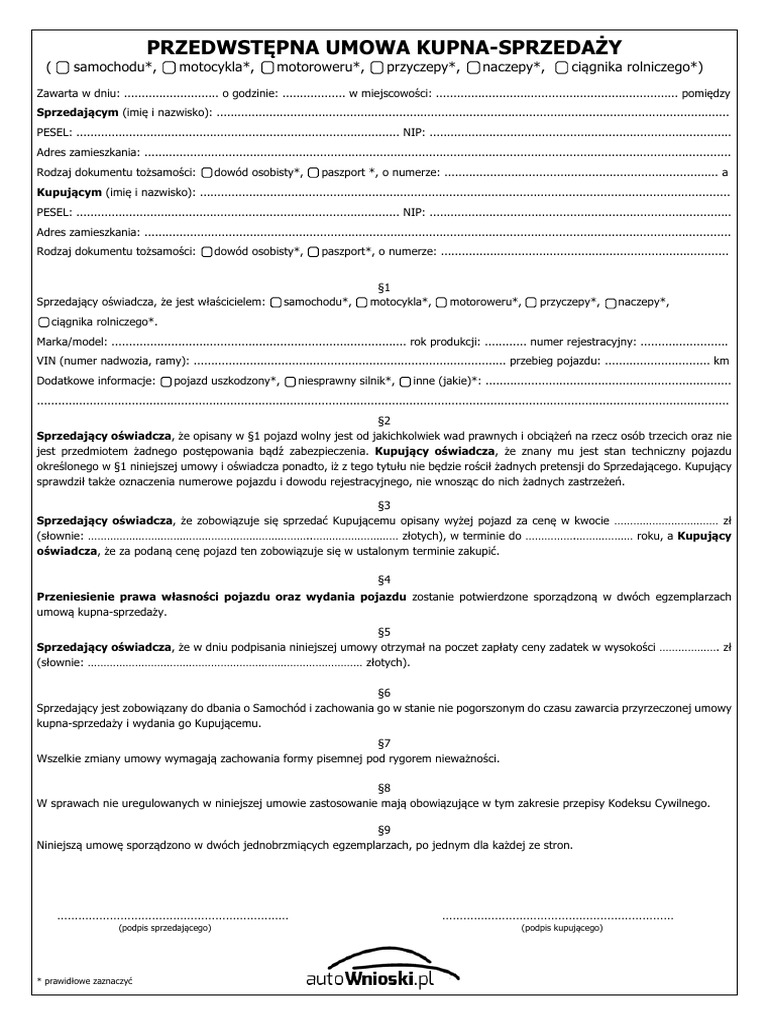 Przedwstepna Umowa Kupna Sprzedazy Pojazdu | PDF
