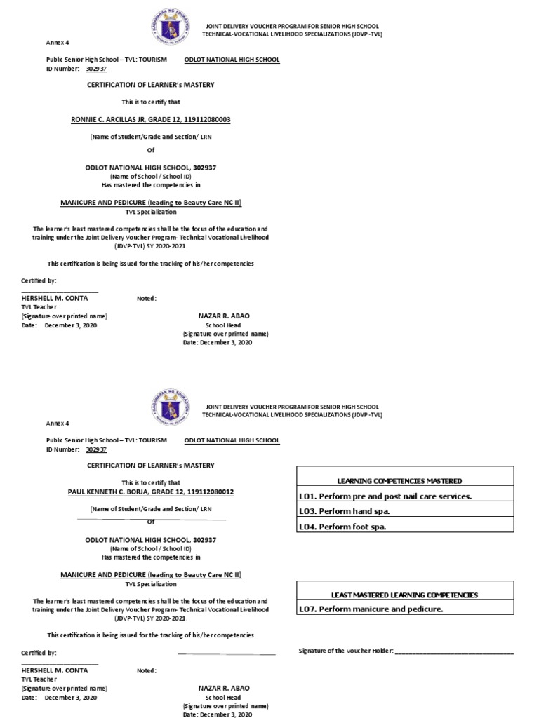 Annex 4-JDVP (Nail Care) | PDF | Students | Human Nature