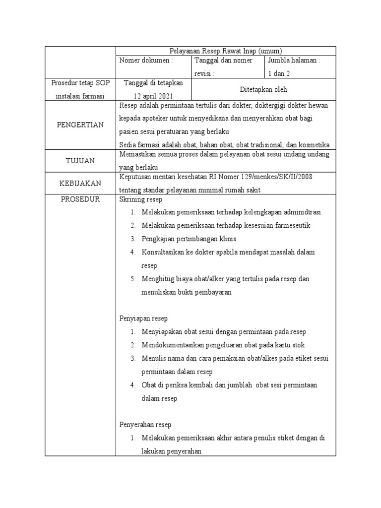 Pelayanan Resep Rawat Inap Sop Pdf