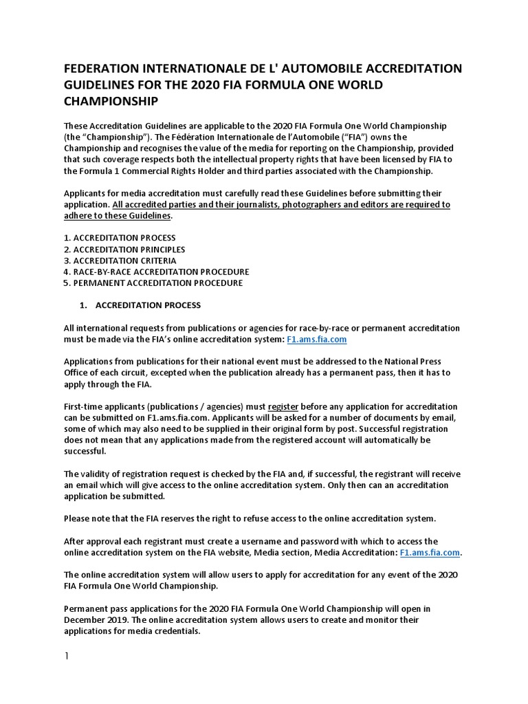 2020 Fia Formula 1 World Championship - Accreditation Guidelines 0 ...