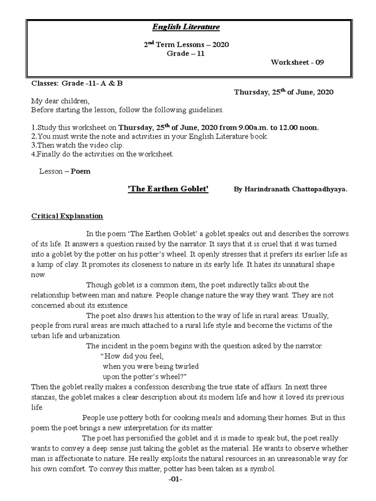 English Literature: 2 Term Lessons - 2020 Grade - 11 Worksheet - 09 ...
