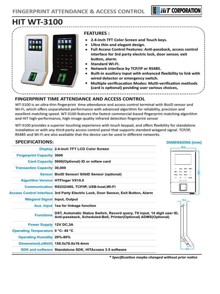 HIT WT-3100 Fingerprint | PDF | Access Control | Wi Fi