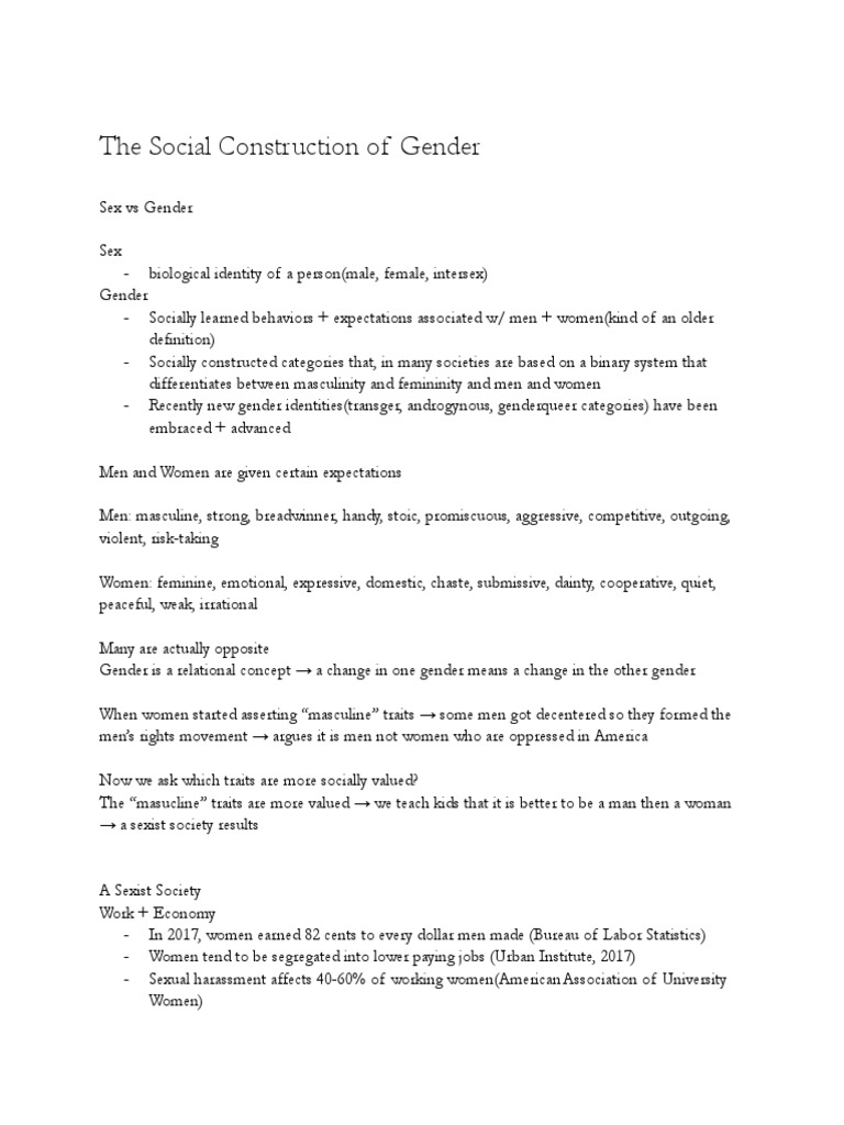 Intro To Sociology The Social Construction of Gender Notes | PDF | Rape ...