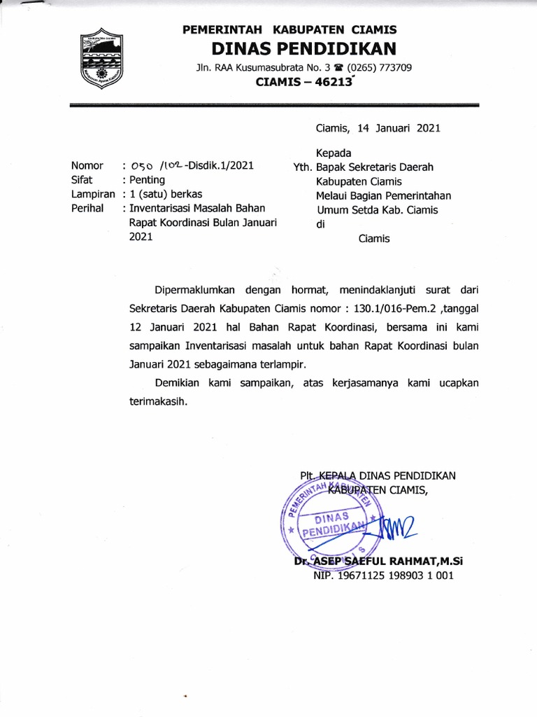 Surat Pengantar Inventarisasi Bahan Rakor | PDF