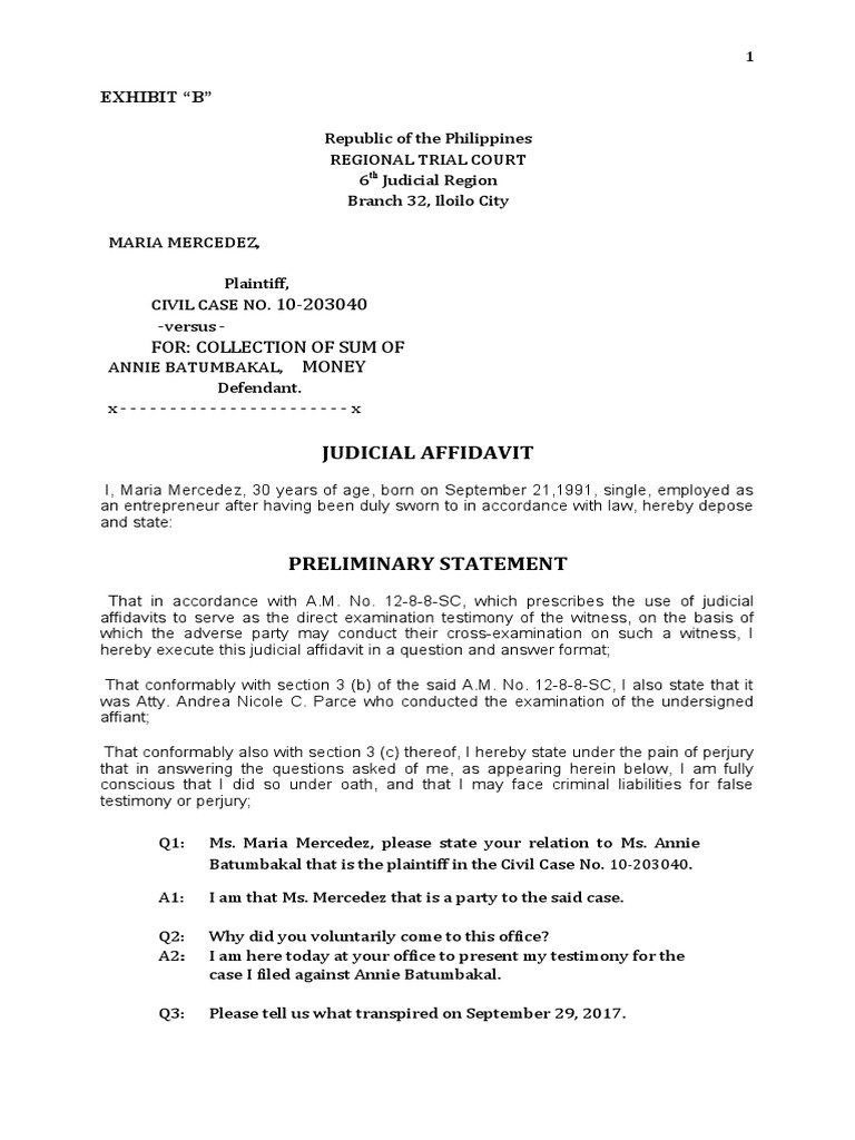 Judicial Affidavit: 10-203040 For: Collection of Sum of Money ...