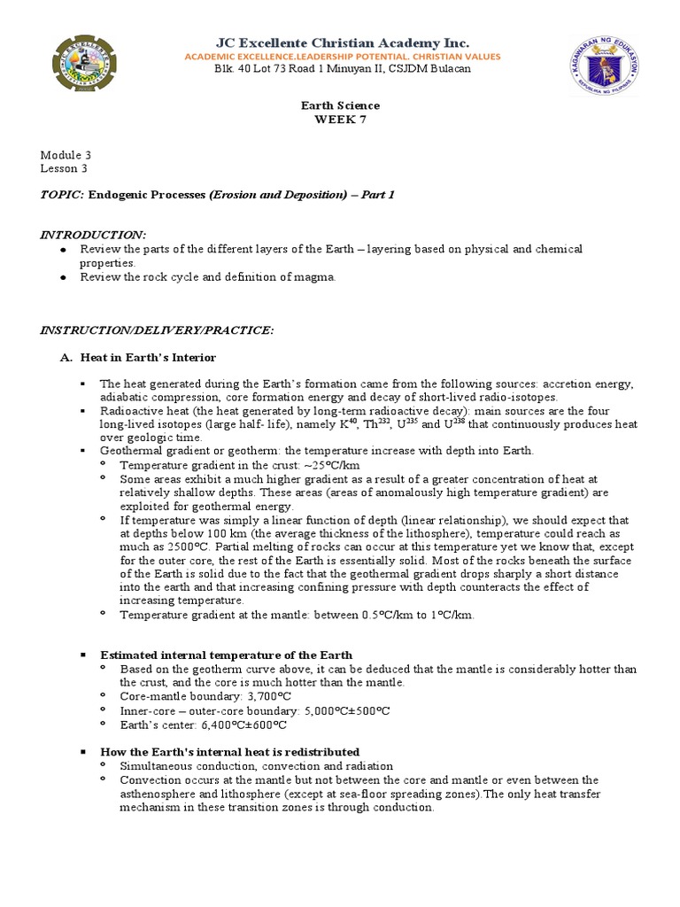 JC Excellente Christian Academy Earth Science Module on Endogenic ...