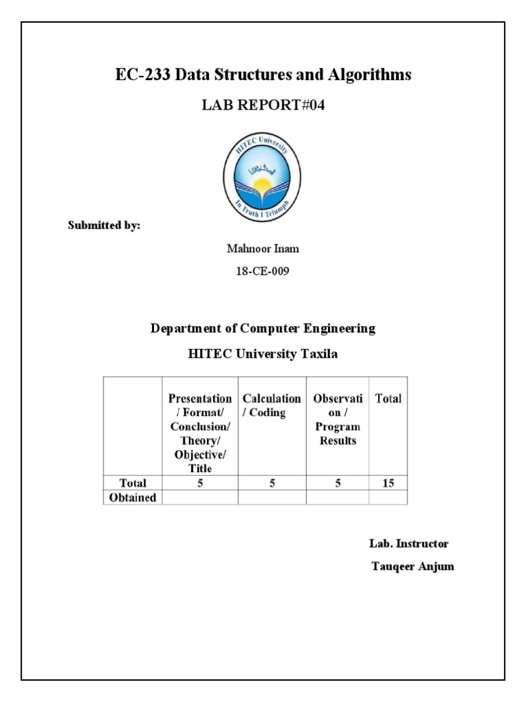 Ec 233 Data Structures And Algorithms Lab Report04 Pdf Computer Programming Information 