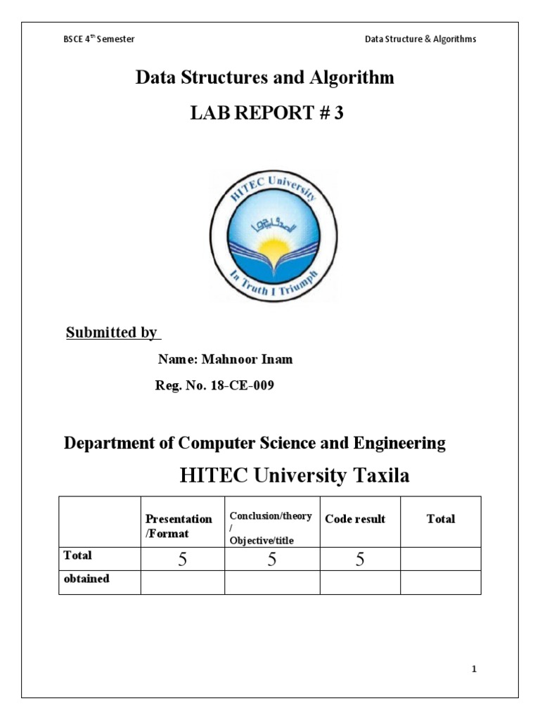Data Structures and Algorithm Lab Report # 3: HITEC University Taxila ...