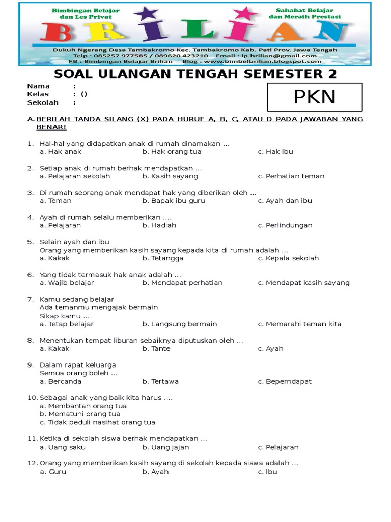 Soal UTS PKN Kelas 1 SD Semester 2 | PDF