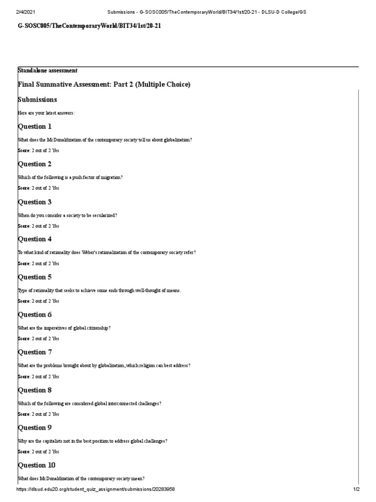 Final Summative Assessment: Part 2 (Multiple Choice) Submissions | PDF