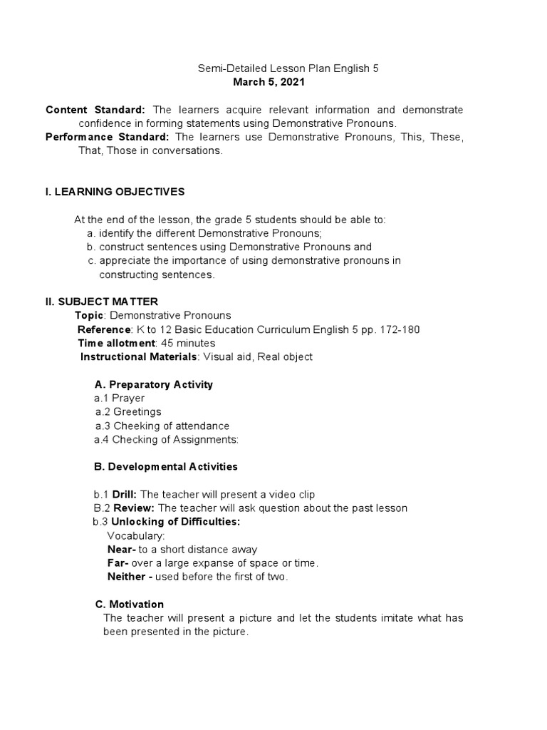 Lesson Plan English 5-Revised | PDF | Lesson Plan | Question