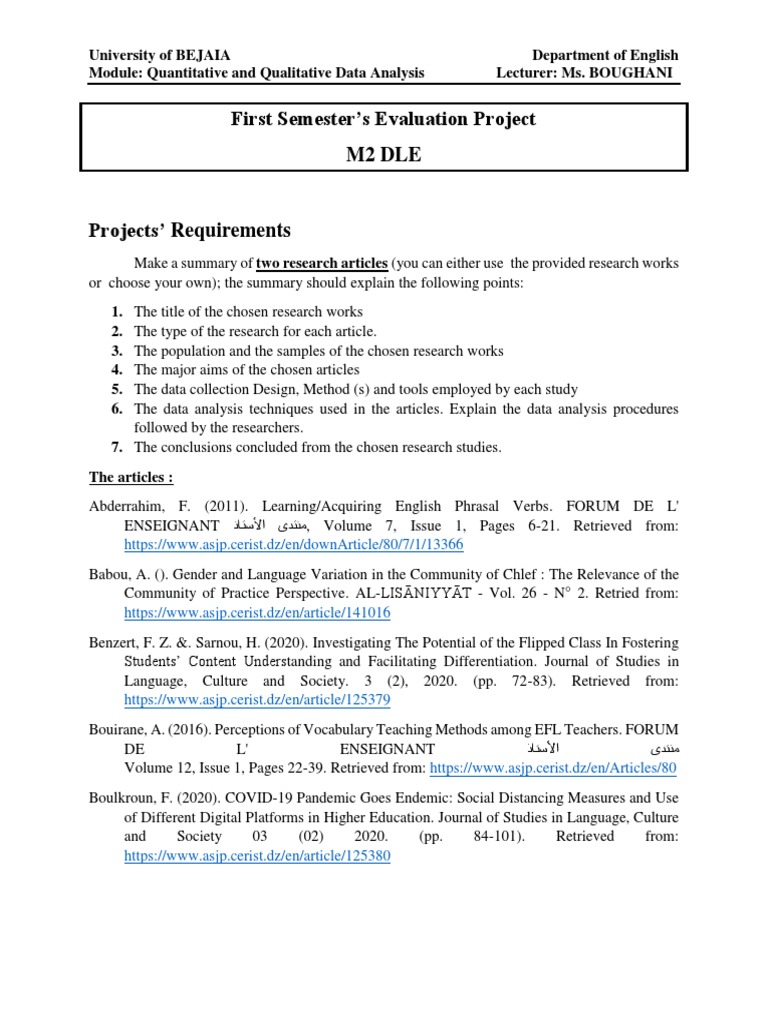 First Semester's Evaluation Project M2 Dle | PDF | English As A Second Or Foreign Language ...