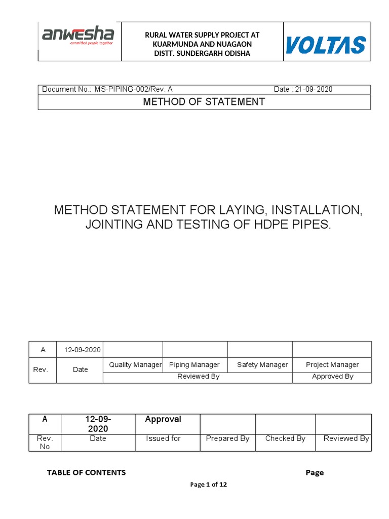 HDPE Pipe Laying Method Statement | PDF | Pipe (Fluid Conveyance) | Welding