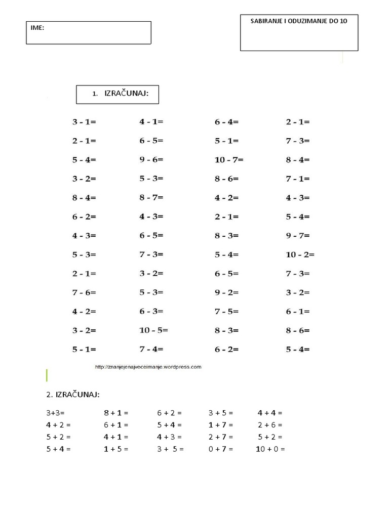 9.1.oduzimanje Do 10 | PDF