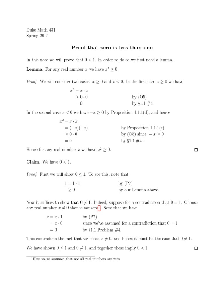 Proof Zero Is Less Than One | PDF