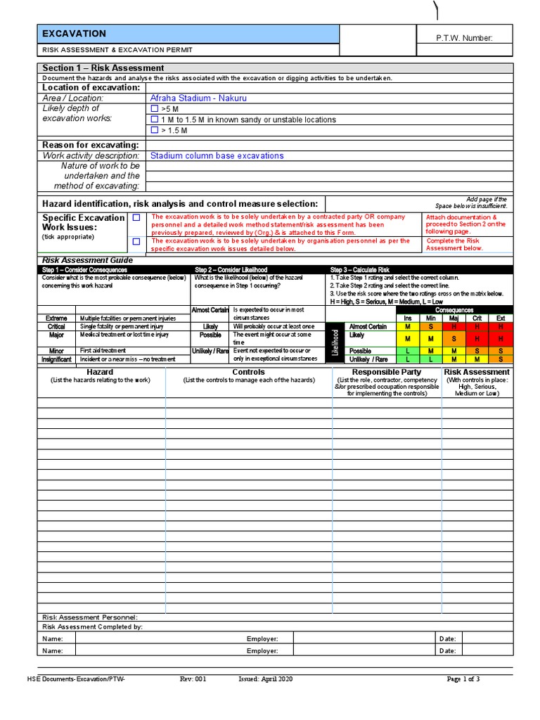 Excavation Risk Assessment Permit | PDF | Risk Assessment | Hazards