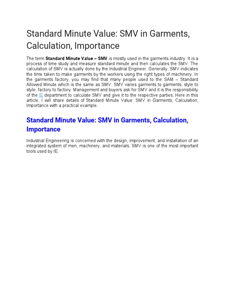 Standard Minute Value: SMV in Garments, Calculation, Importance | PDF