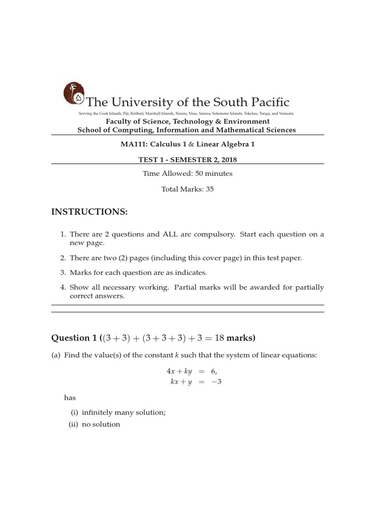 MA111 Test 1 Semester 2 2018 | PDF | System Of Linear Equations ...