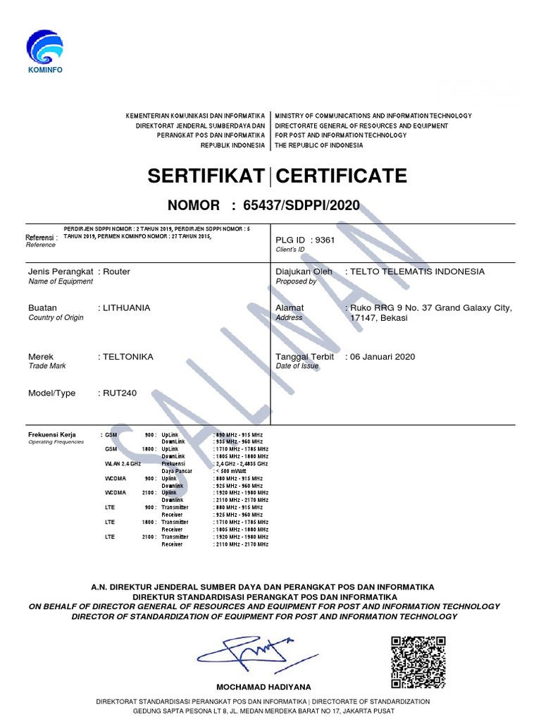 Sertifikat Certificate: NOMOR: 65437/SDPPI/2020 | PDF | Wireless ...