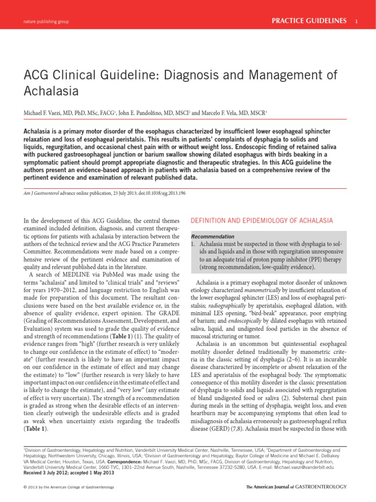 2013 ACG Guideline Achalasia July 2013 | PDF | Gastroesophageal Reflux ...