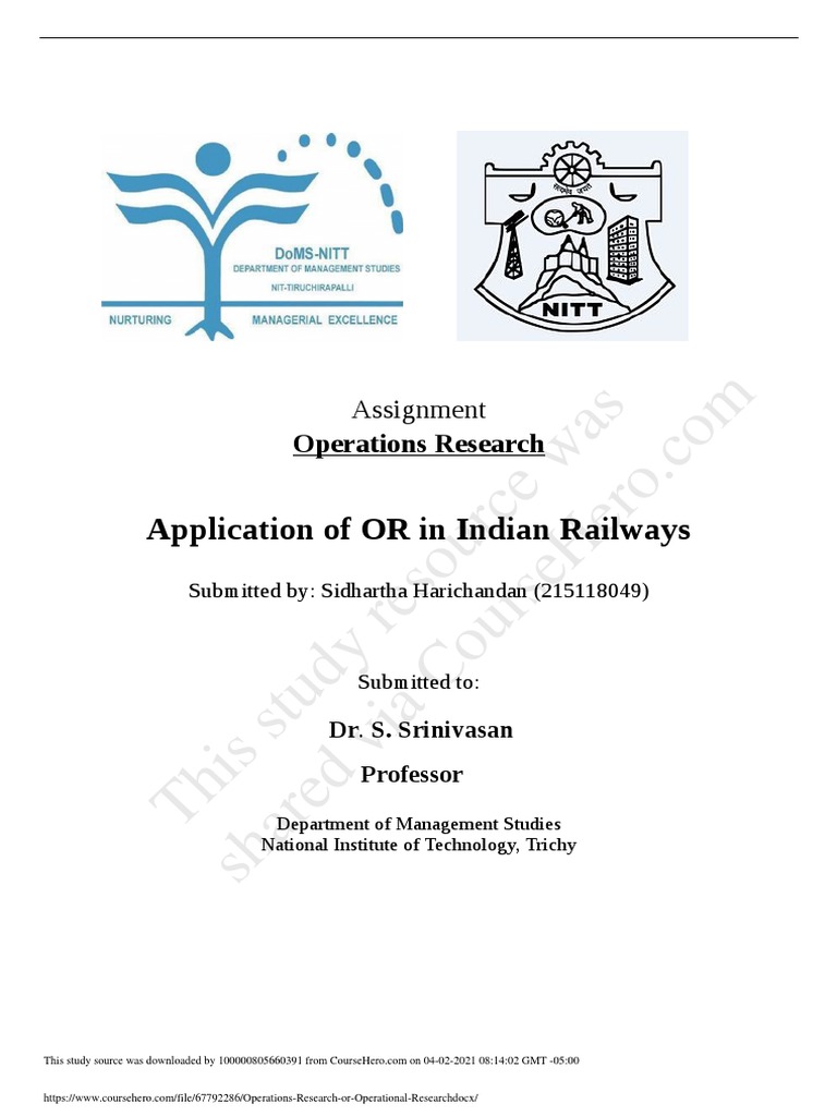 This Study Resource Was: Application of OR in Indian Railways | PDF ...