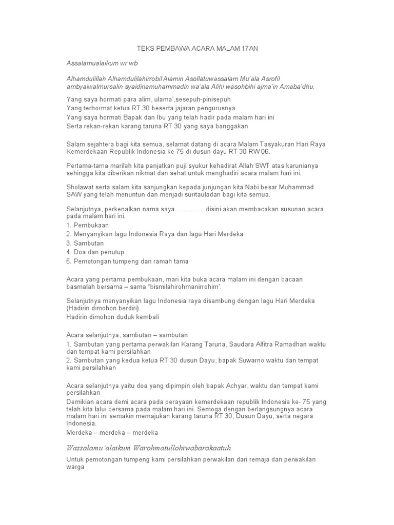 Teks Pembawa Acara Malam 17an | PDF | Kajian Bahasa Asing | Agama ...