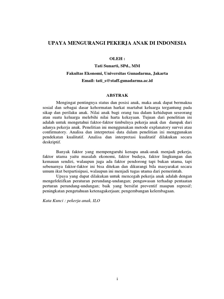 Jurnal Upaya Mengurangi Pekerja Anak Di Indonesia - Tati Sunarti | PDF