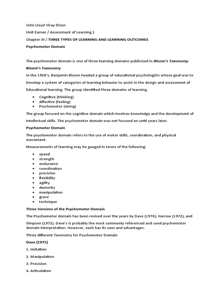 Three Approaches to Classifying the Psychomotor Domain: A Comparison of ...