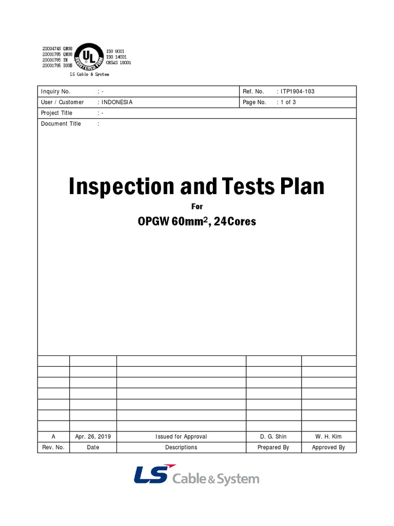 Inspection and Tests Plan: OPGW 60mm, 24cores | PDF | Wire | Building ...