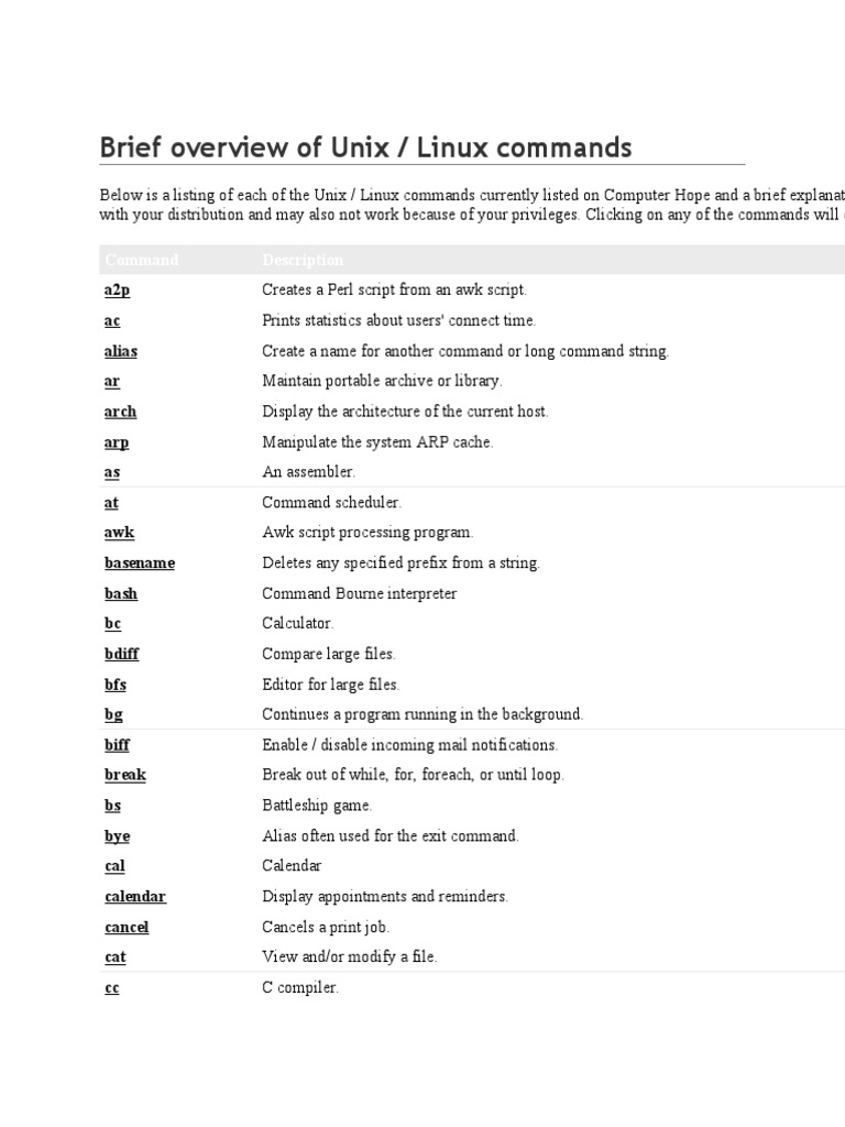 Brief Overview of Unix / Linux Commands: Command Description | PDF | Computer File | File System