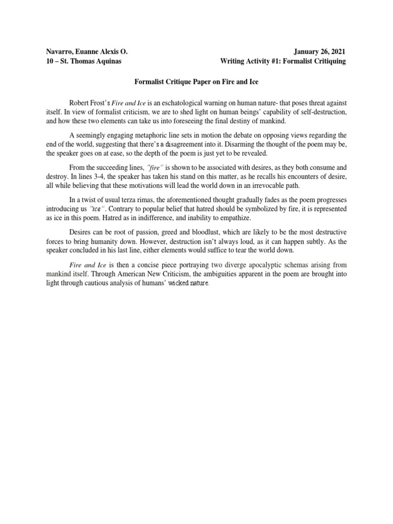 Formalist Critique Paper - Robert Frost's Fire and Ice | PDF