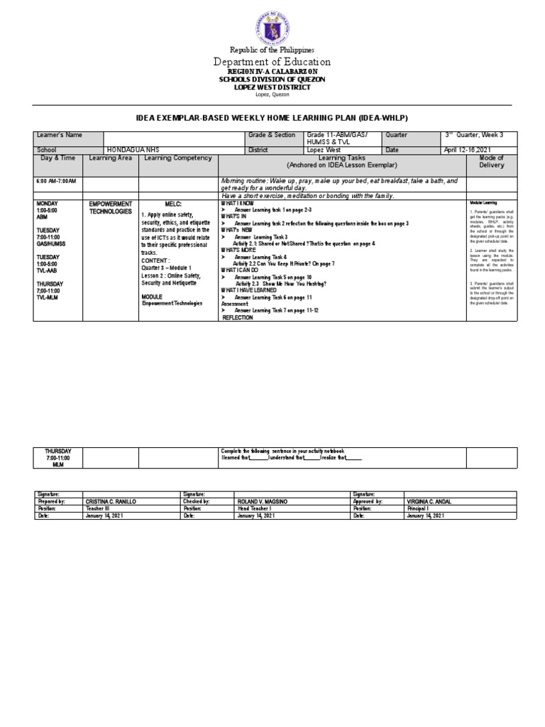 Department of Education: Idea Exemplar-Based Weekly Home Learning Plan (Idea-Whlp) | PDF ...