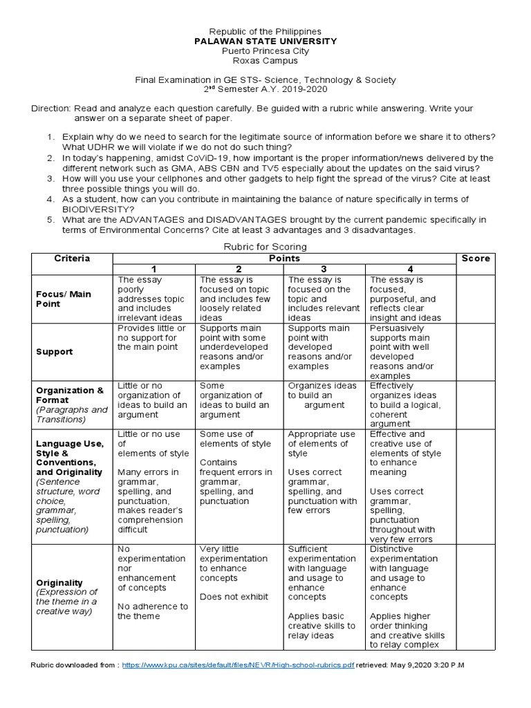 Final Exam in GE STS (Pandemic) | PDF | Grammar | Reason