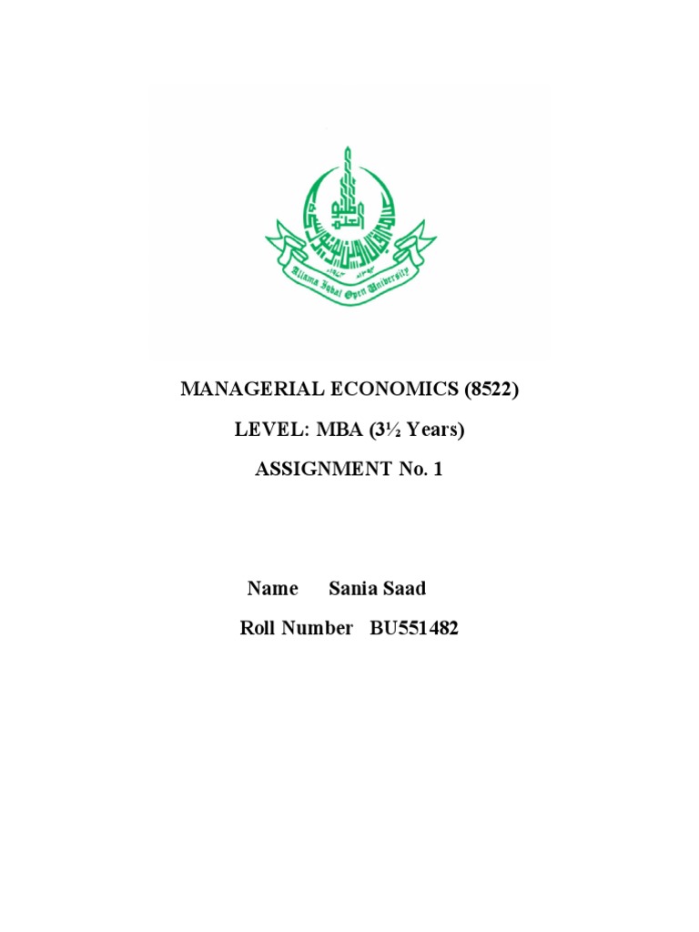 Managerial Economics (8522) LEVEL: MBA (3 Years) Assignment No. 1 | PDF ...