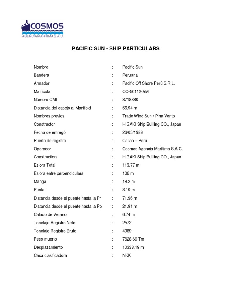 PACIFIC SUN - Ship Particulars | PDF