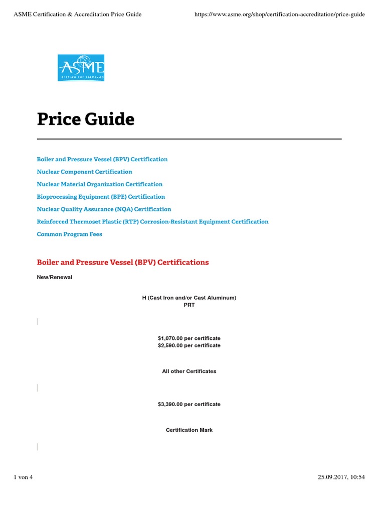 ASME Certification & Accreditation Price Guide | PDF | Certification ...