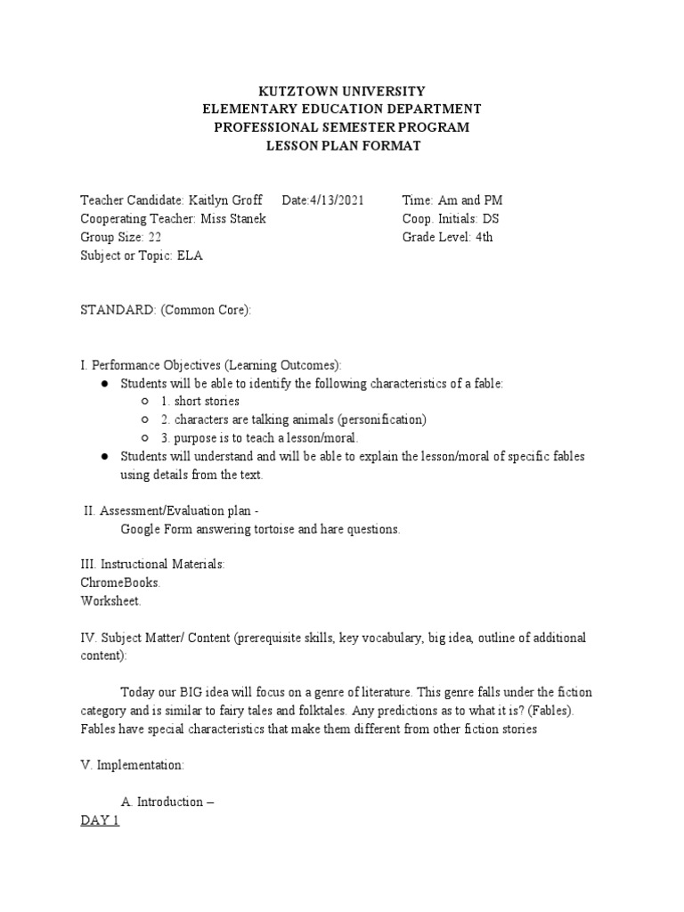 Fables Lesson Plan | PDF | Fable | Hare