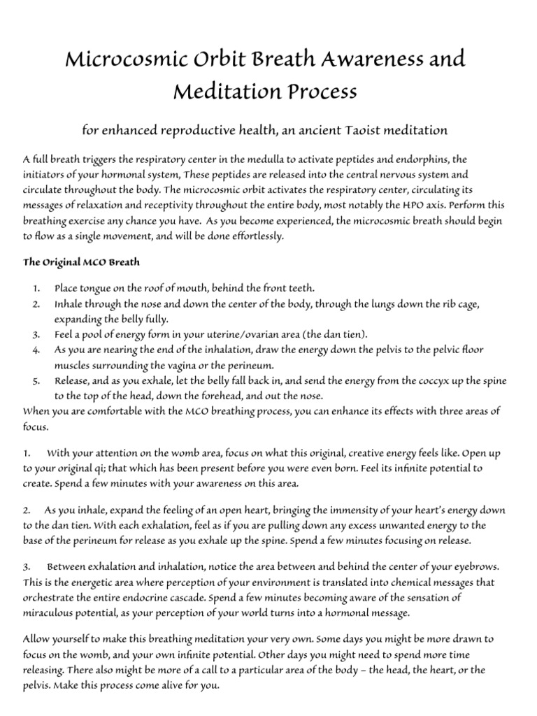 Microcosmic Orbit Breath Awareness and Meditation Process: For Enhanced Reproductive Health, An ...