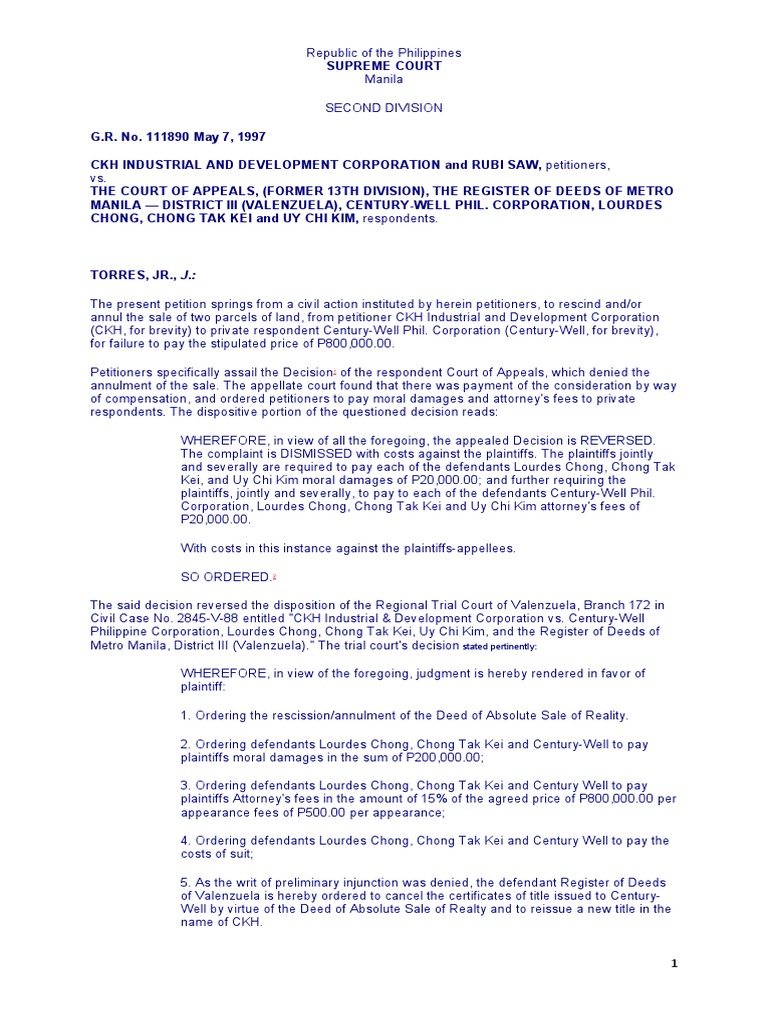 CKH vs. Century-Well Land Sale Dispute | PDF | Debtor | Lawsuit