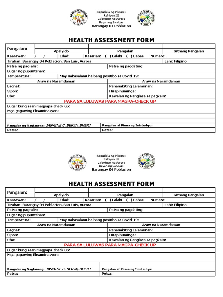 Health Assessment Form: para Sa Luluwas para Magpa-Check Up | PDF ...