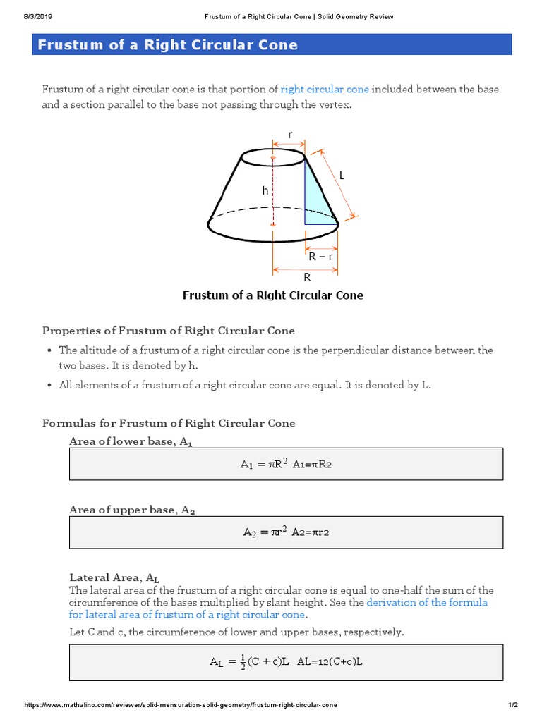 Frustum of a Right Circular Cone Formulas | PDF | Area | Volume