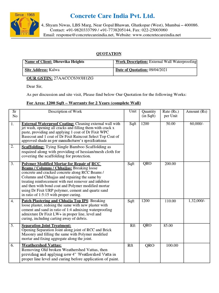 Quotation For External Wall Waterproofing of Dhruvika Heights Kalwa ...